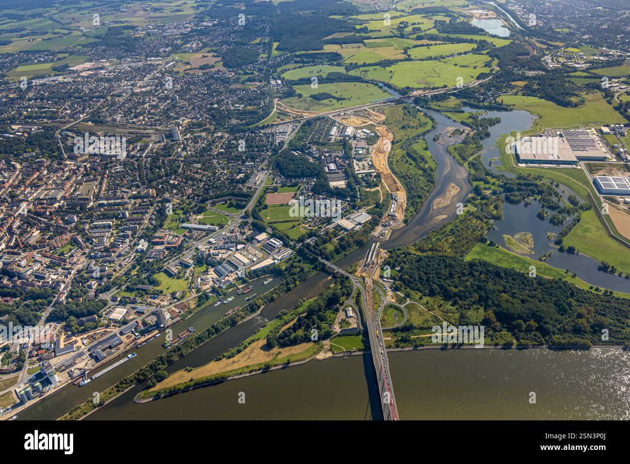 Aerial view, Lippe renaturation, mouth of the Lippe into the Rhine ...