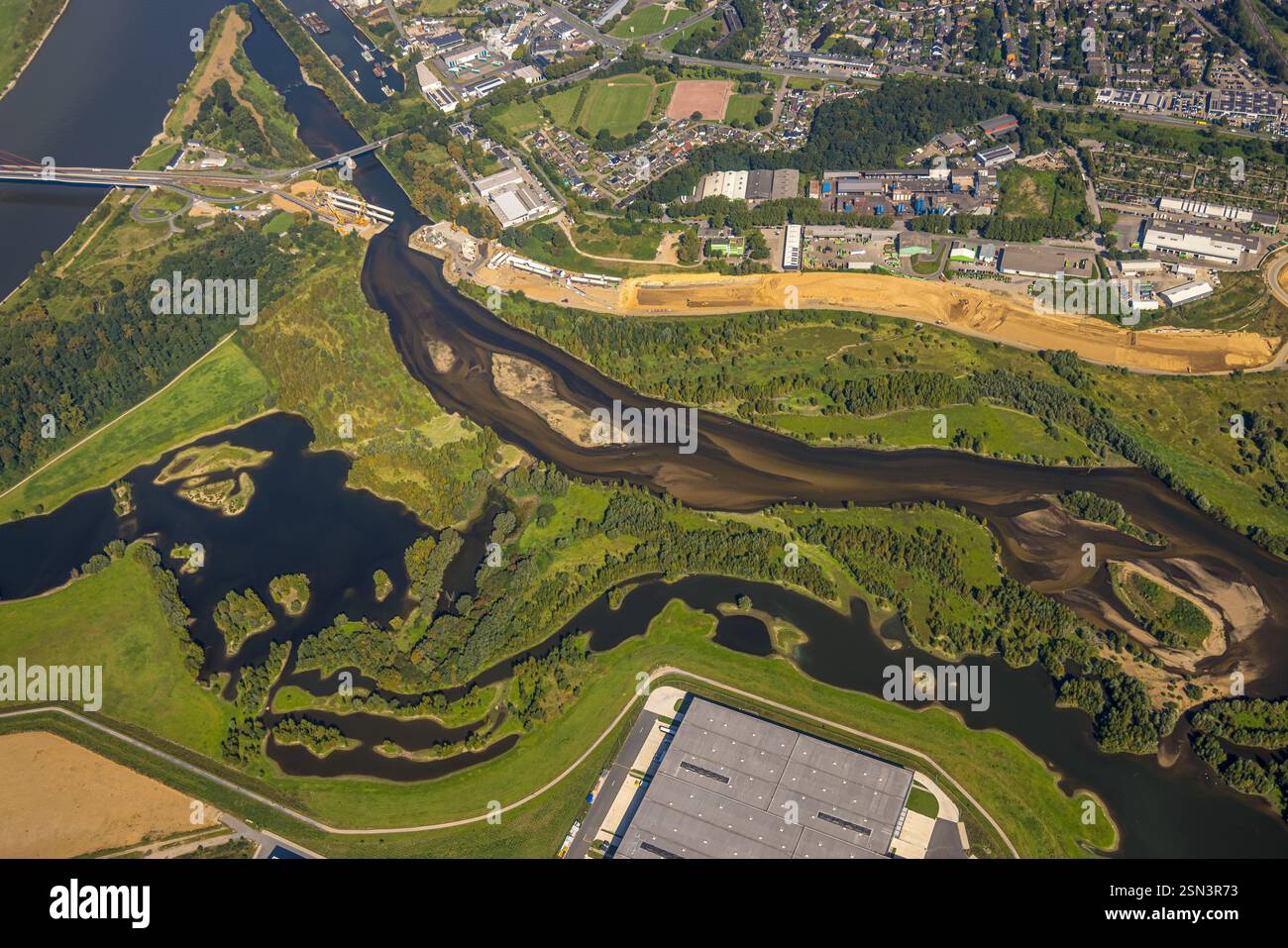 Aerial view, Lippe renaturation, mouth of the Lippe into the Rhine ...