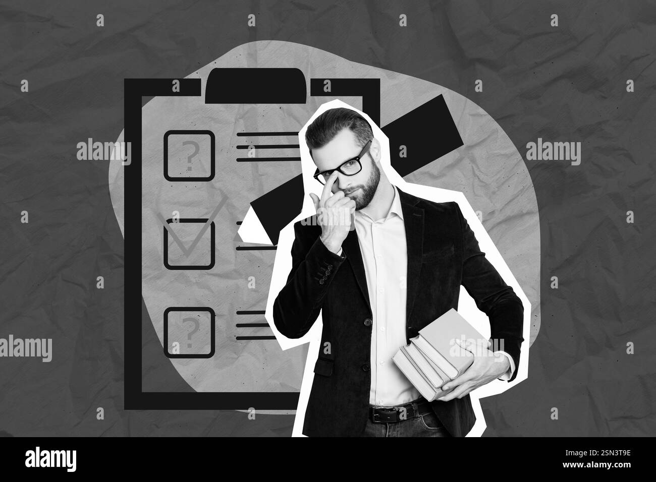 Photo cartoon comics sketch collage picture of smart clever guy filling ...