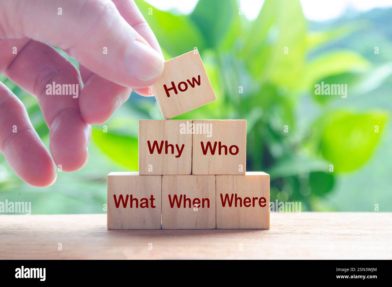 How, Why, Who, What, When and Where words on wooden cubes. Solution and ...
