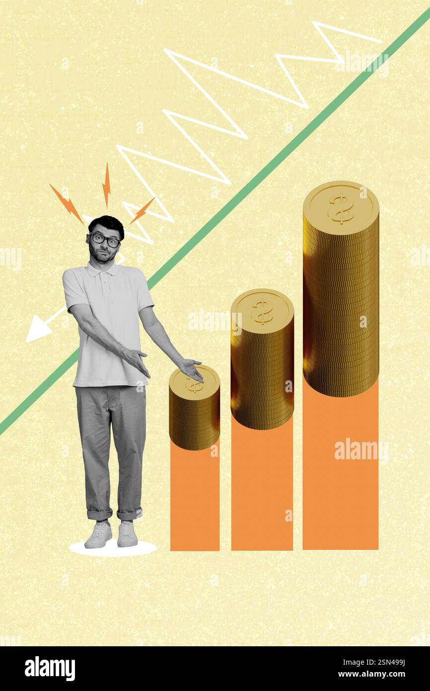 Vertical sketch 3d artwork collage poster of confused businessman ...