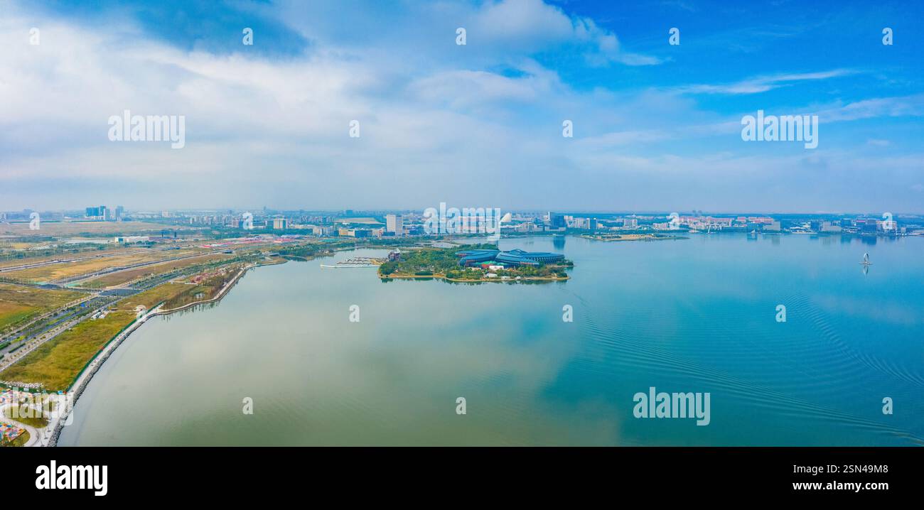 Aerial panoramic view of Dishui Lake in Pudong New District, Shanghai ...