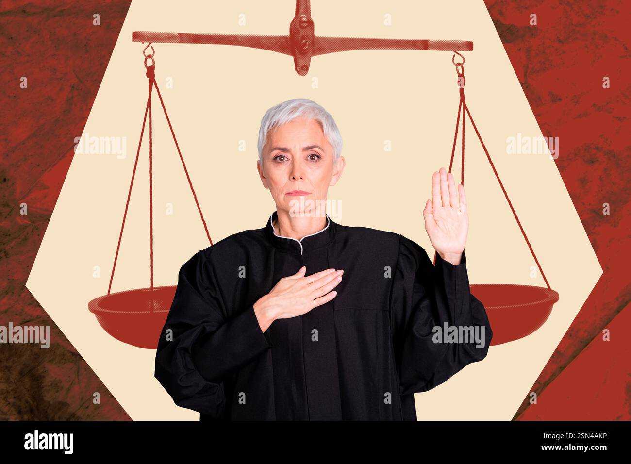 Art trend photo collage of serious court old woman show palm hand swear ...