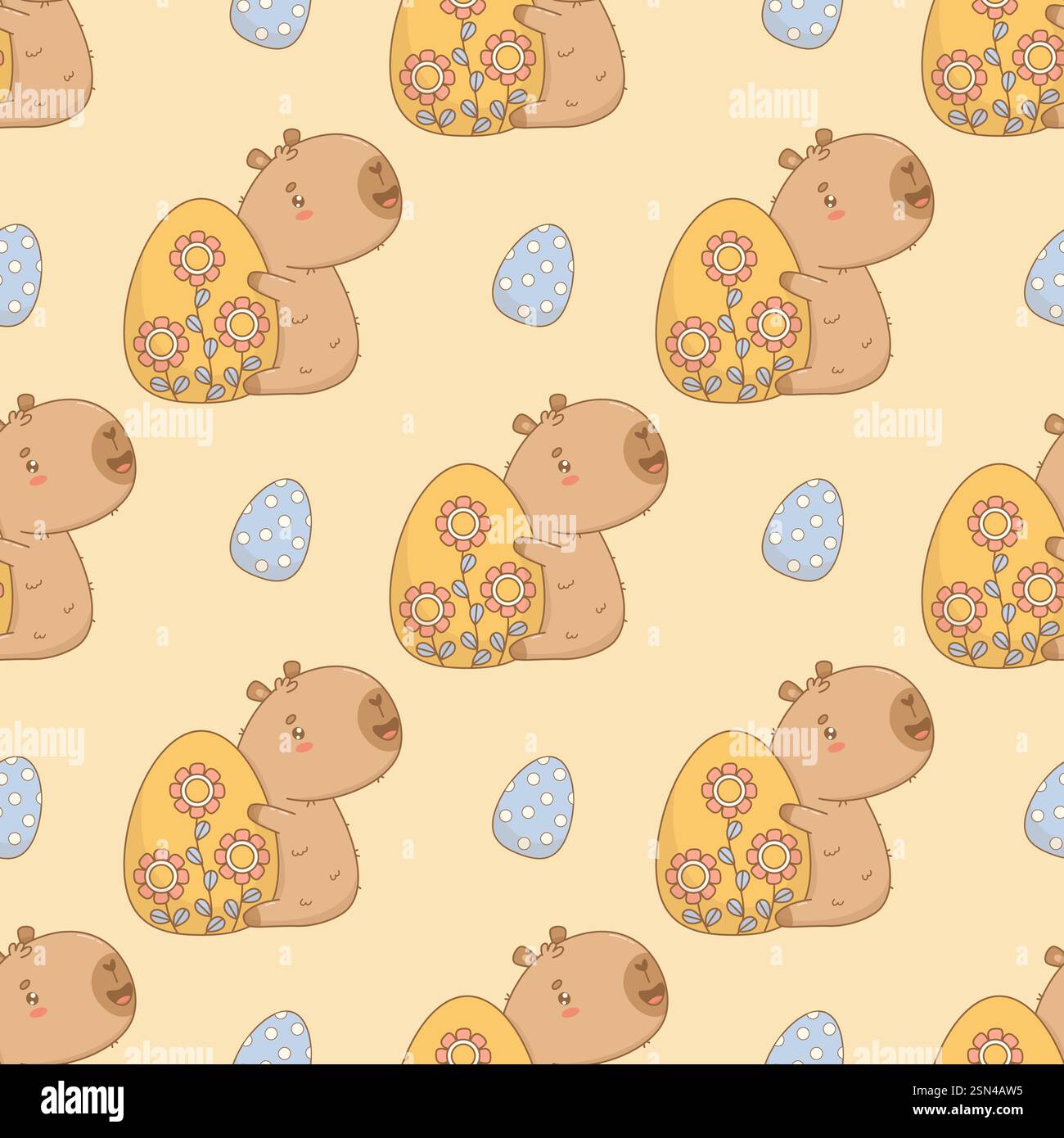 Easter Seamless pattern. Happy Capybara with decorative paschal Egg on ...