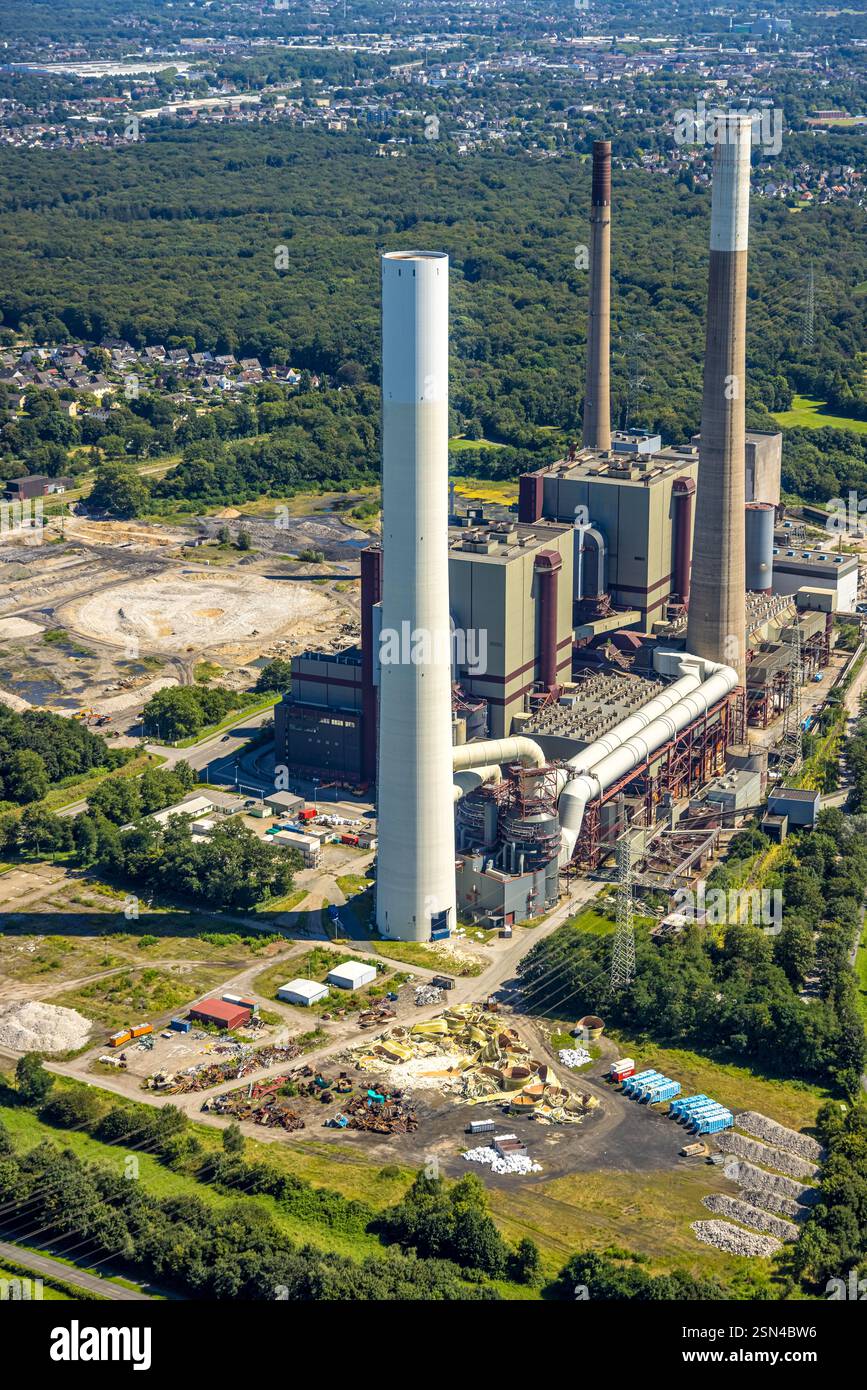 Aerial view, Voerde power station on the Rhine river, three chimneys ...