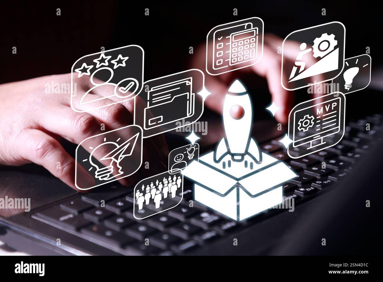 Concept of A person types on a keyboard with digital icons representing ...