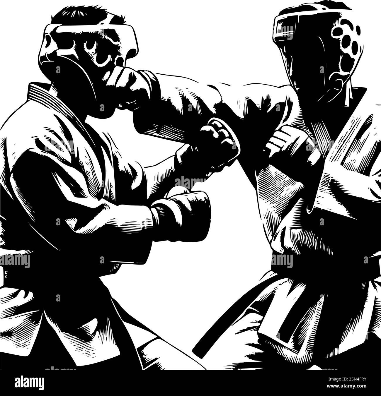 Taekwondo Sparring with Protective Gear: A Detailed Black and White ...