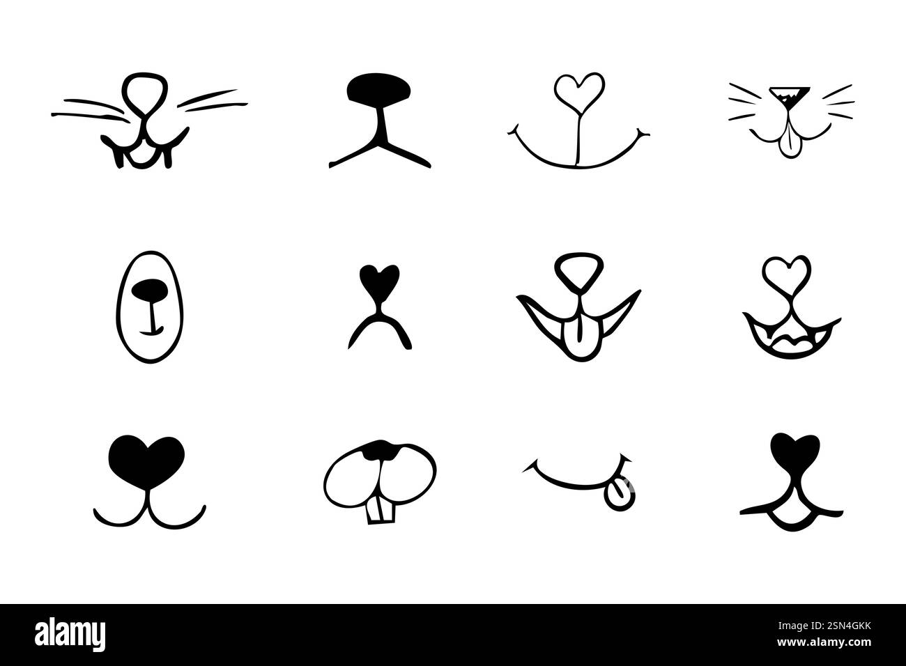 Pet mouth comic cute line doodle drawing. Set lips, noses and whiskers ...