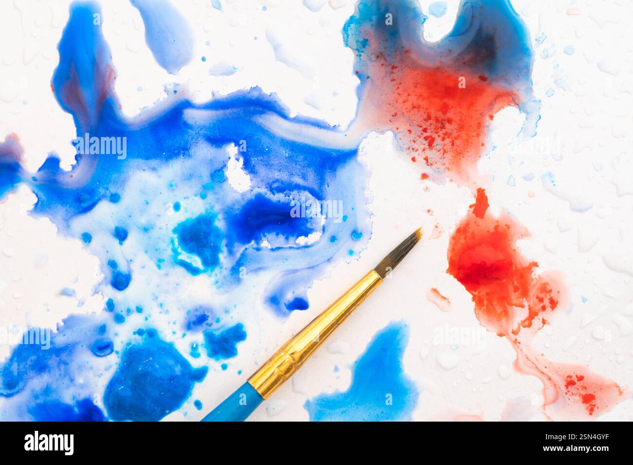 Blue and red watercolor paint mixing together with a paintbrush laying ...