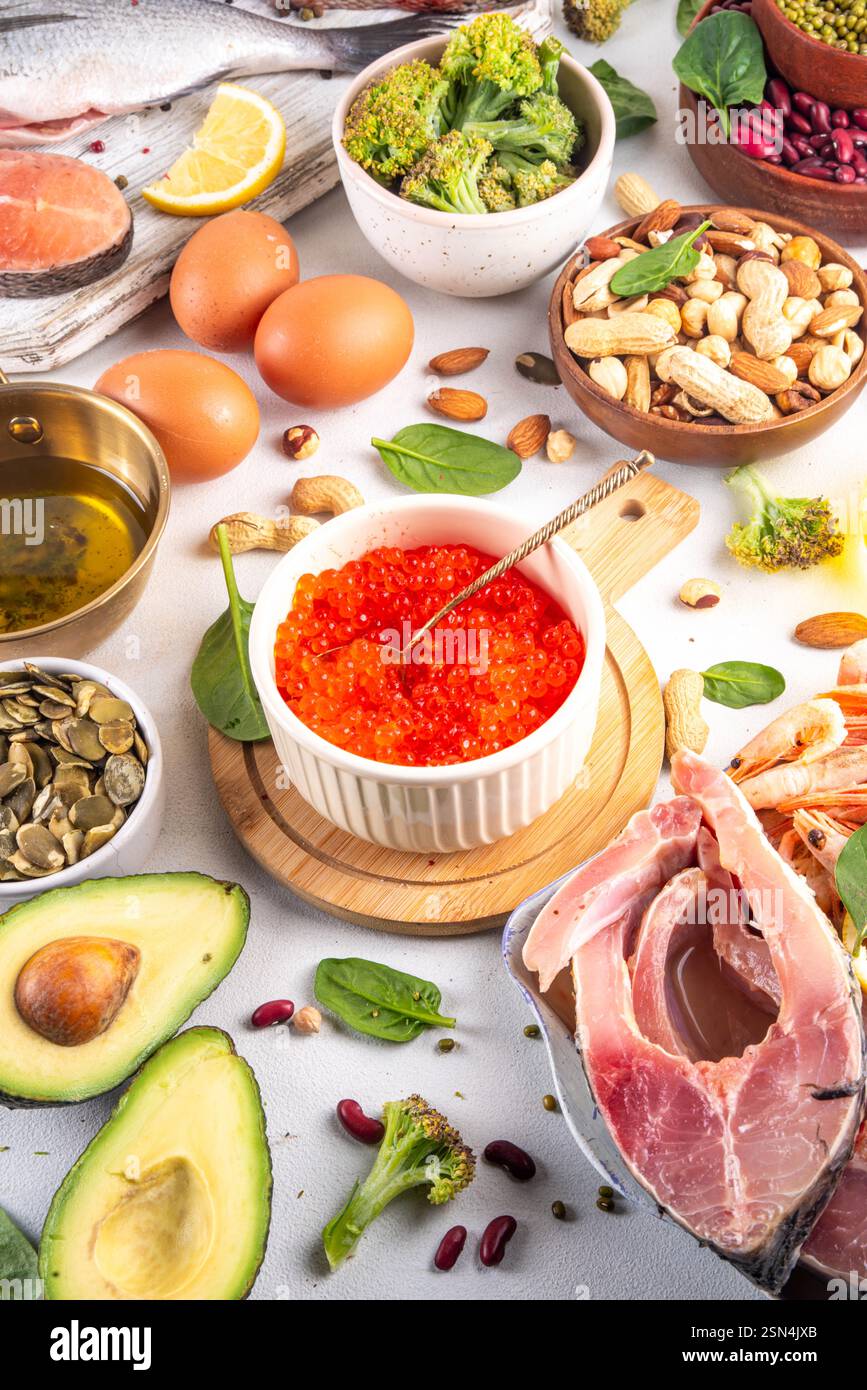 Variety food rich in Omega-3, ALA, EPA, DHA healthy fatty acids sources ...