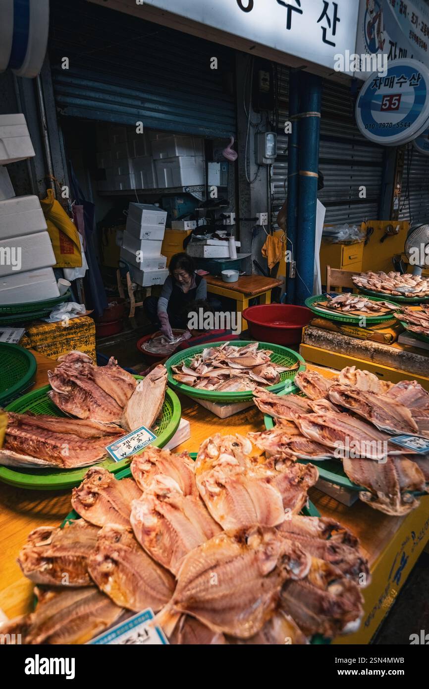 Korean woman selling fresh fish on the market in Jeju island South ...