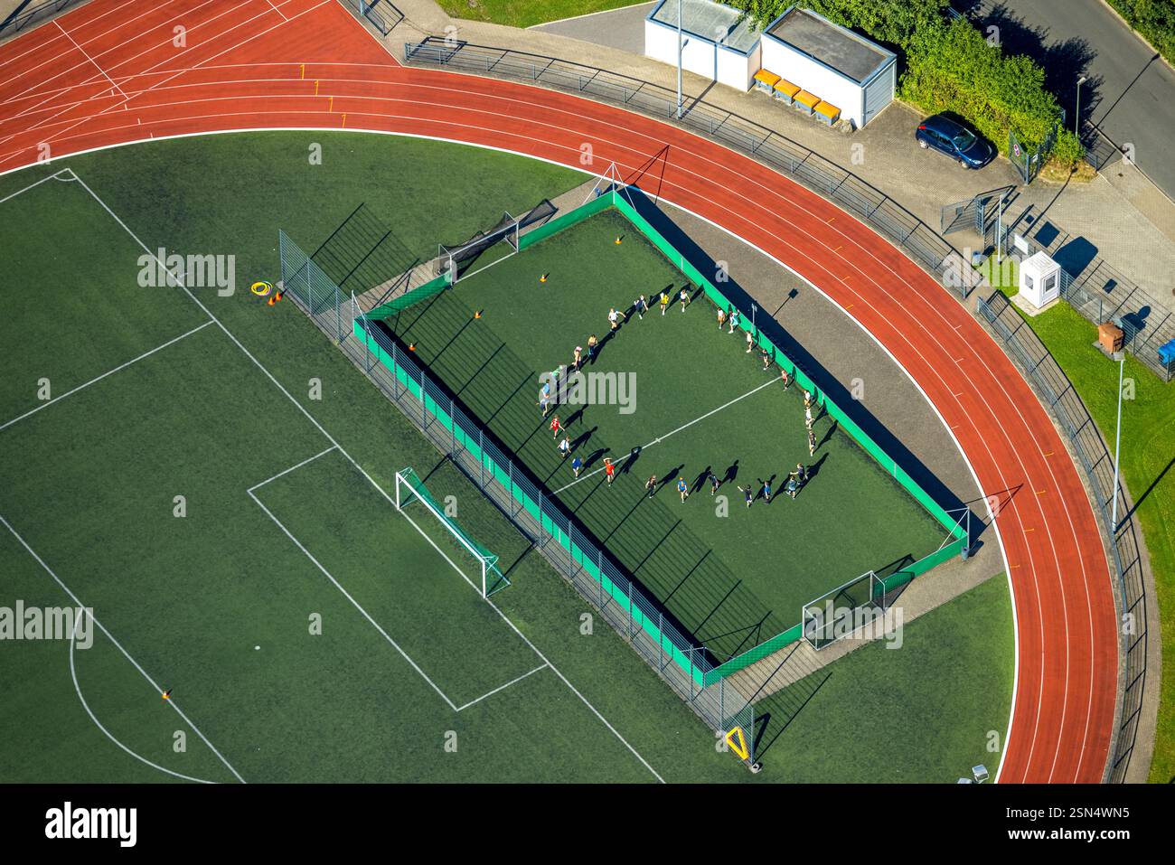 Aerial view, sports field Nizzatal, soccer stadium and athletics ...