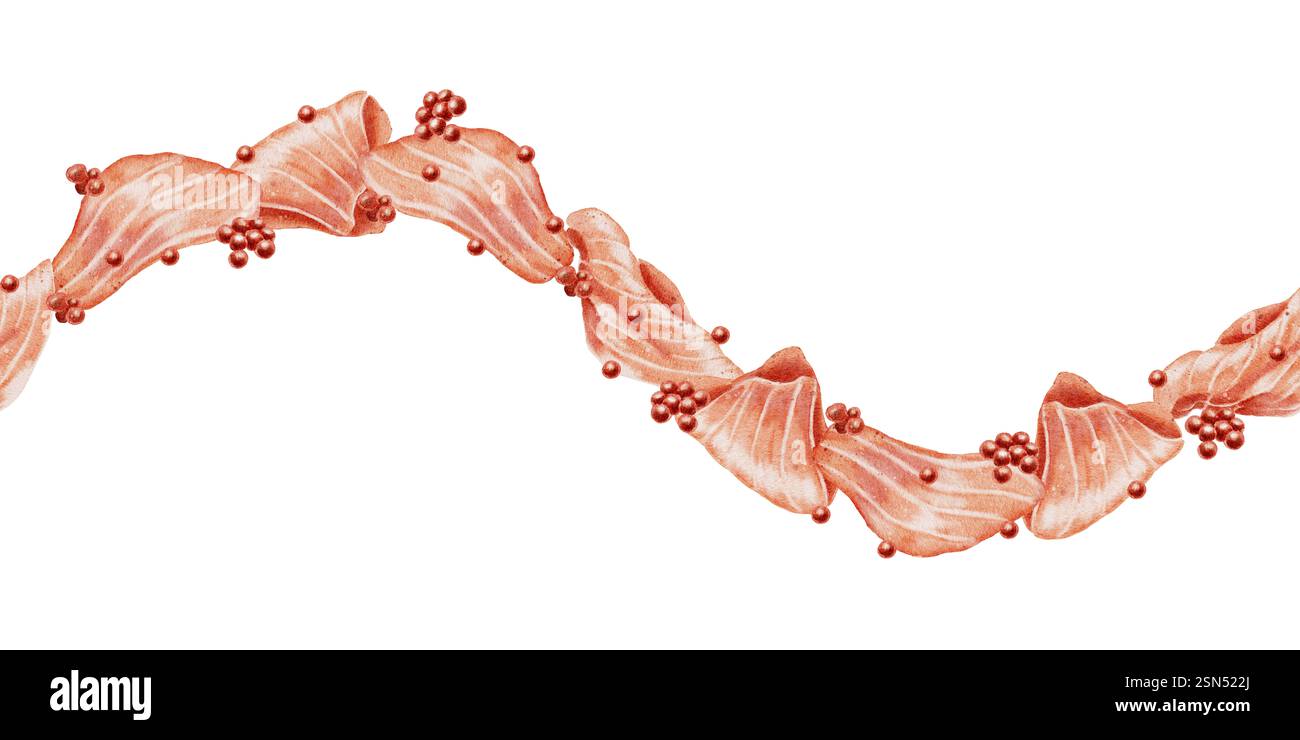 Pieces of red fish, salmon and caviar watercolor illustration seamless ...