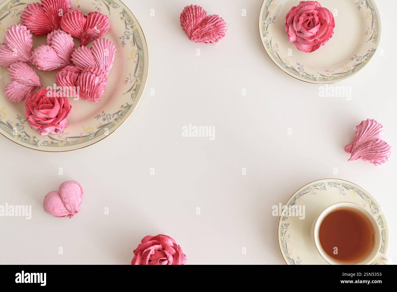 Romantic Tea Party with rose and heart shape marshmallow. Valentine's ...