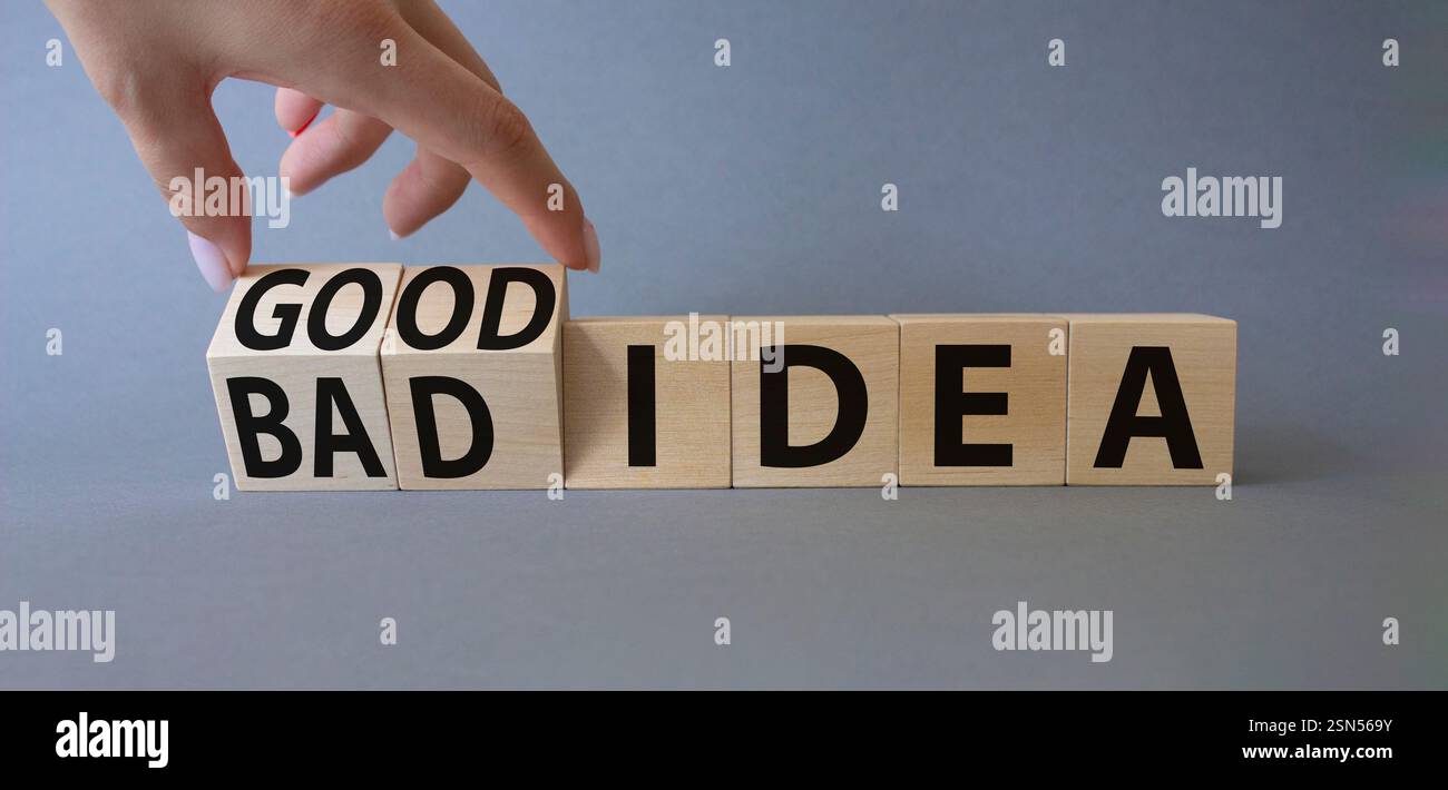 Good idea and bad idea symbol. Hand turns a cube and changes the words ...
