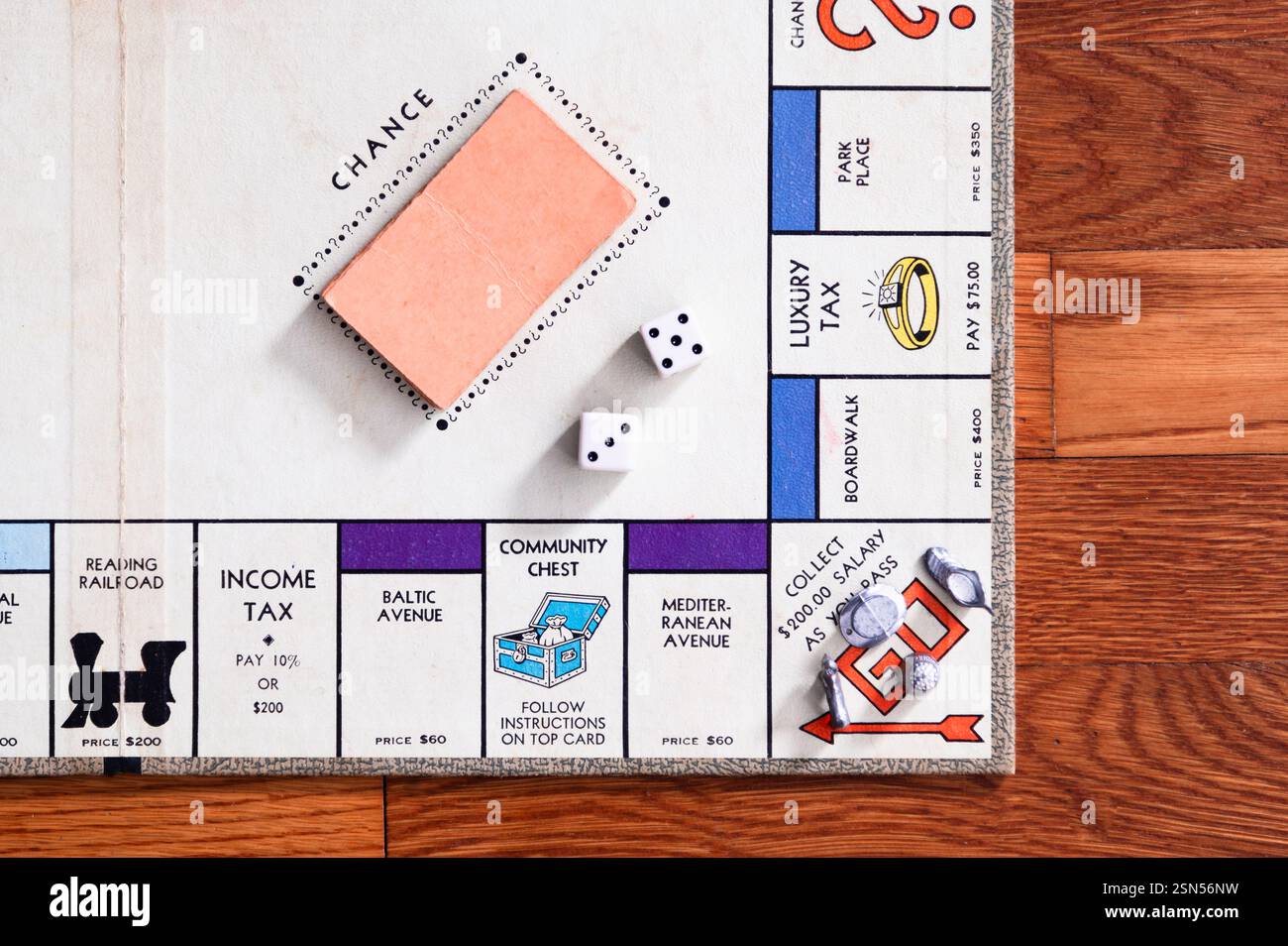 Top view of a vintage Monopoly game set up and ready to play Stock ...