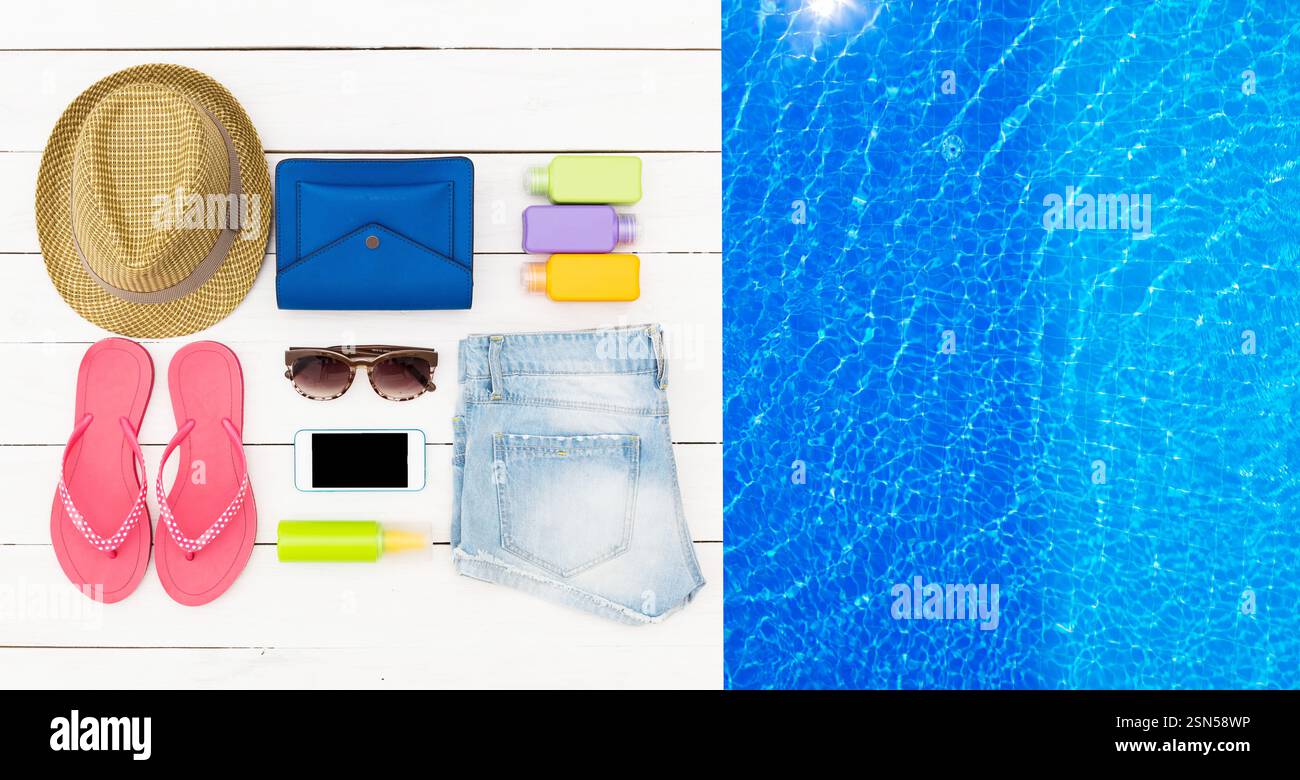 Essentials for a perfect summer day by the pool with colorful ...