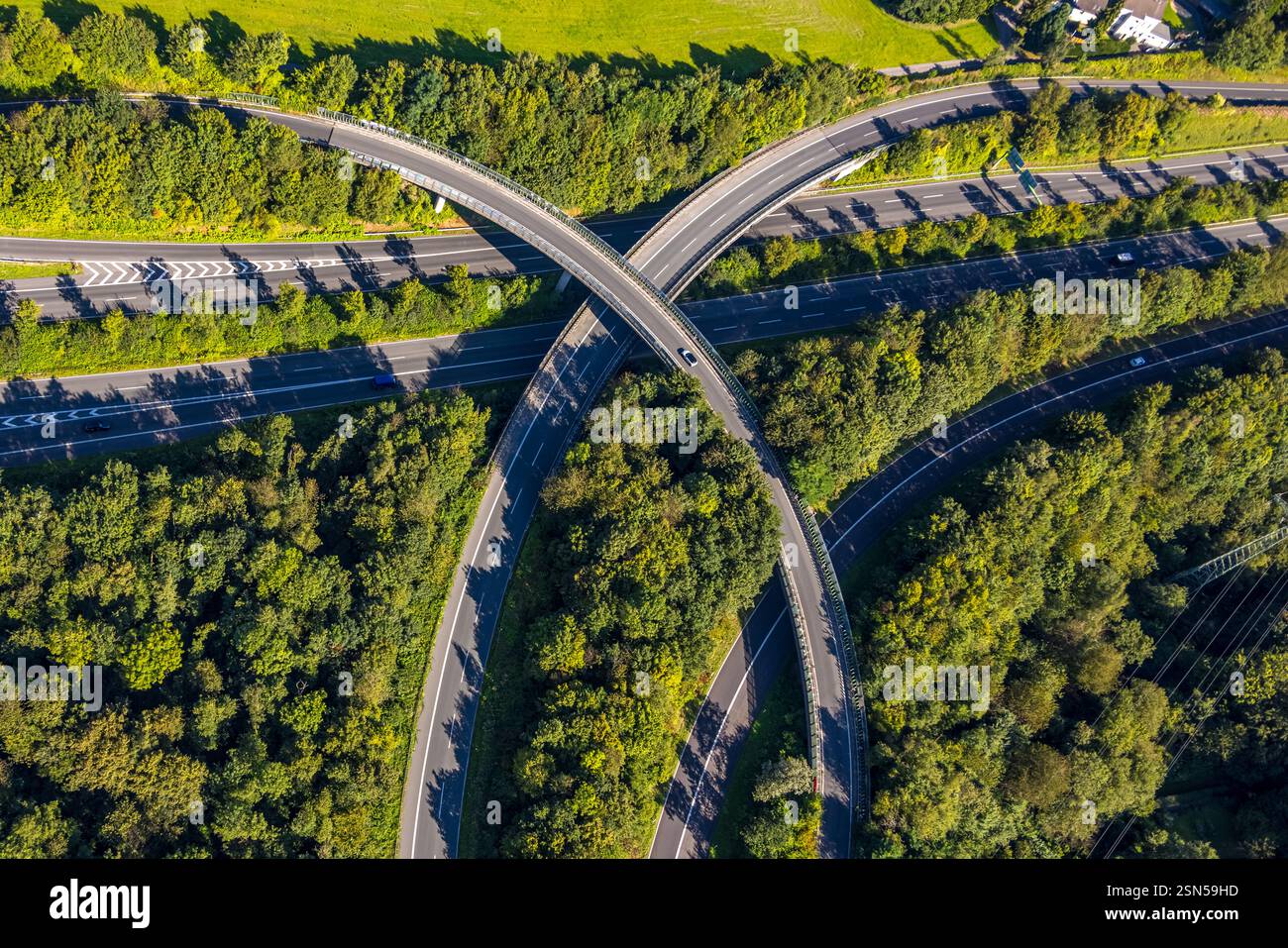 Aerial view, freeway A44 and curved slip roads and exits of freeway ...