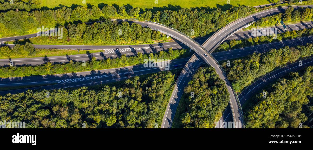 Aerial view, freeway A44 and curved slip roads and exits of freeway ...