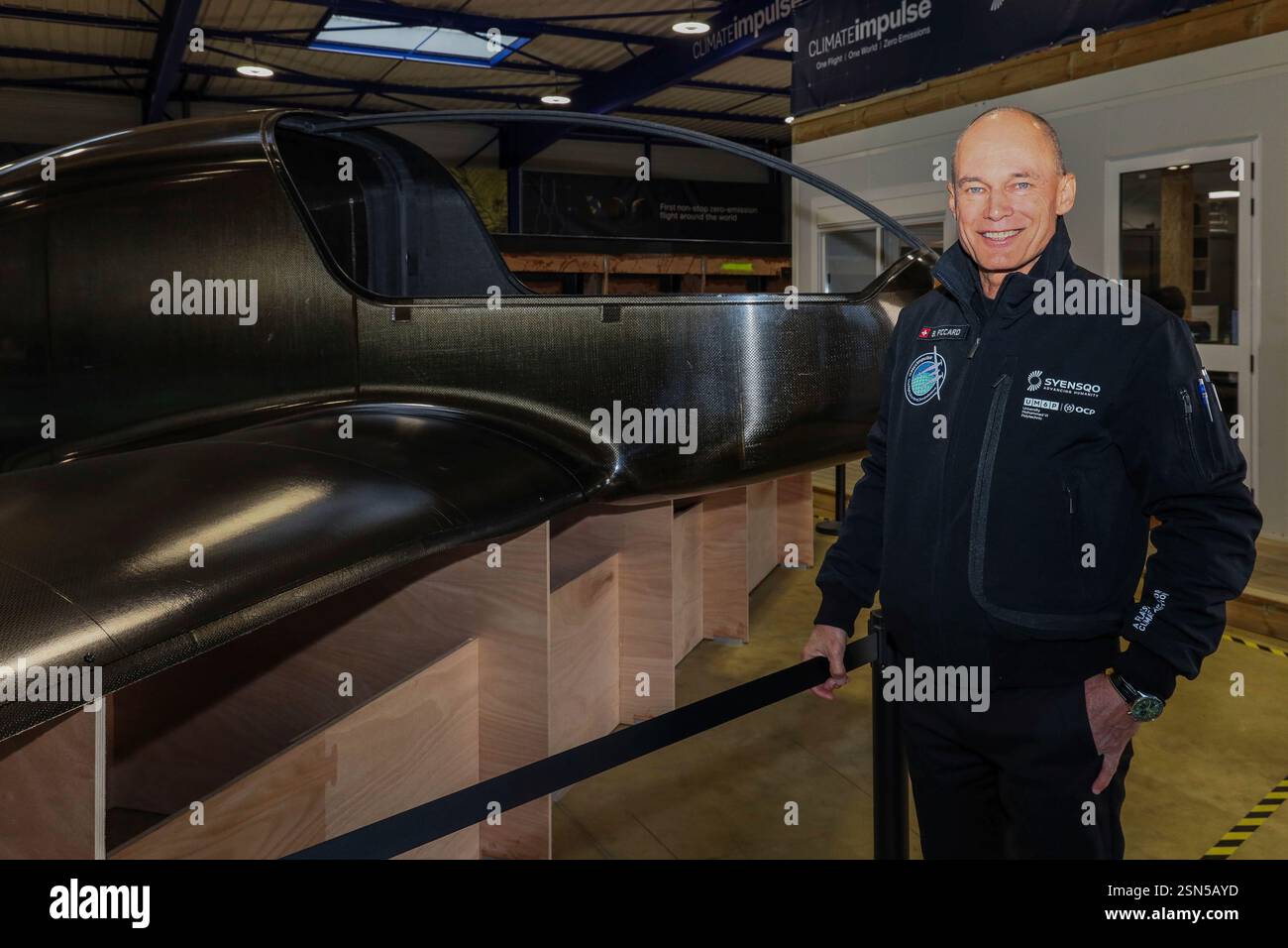 Swiss aviation pioneer Bertrand Piccard poses for a photo in front of ...