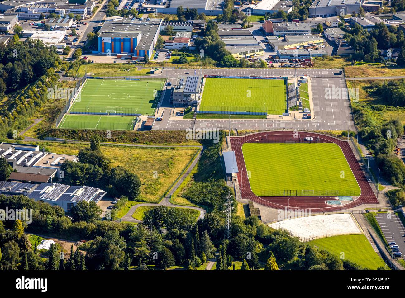 Aerial view, EMKA sports center with soccer stadium IMS-Arena, Velbert, Ruhr area, North Rhine ...