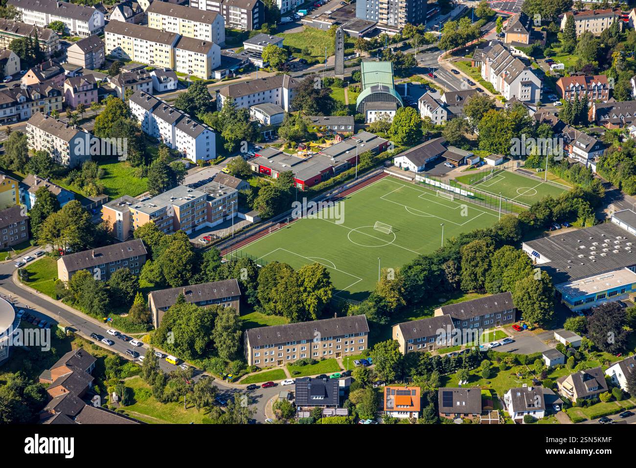 Aerial view, sports field soccer stadium Am Berg, St. Paulus catholic ...