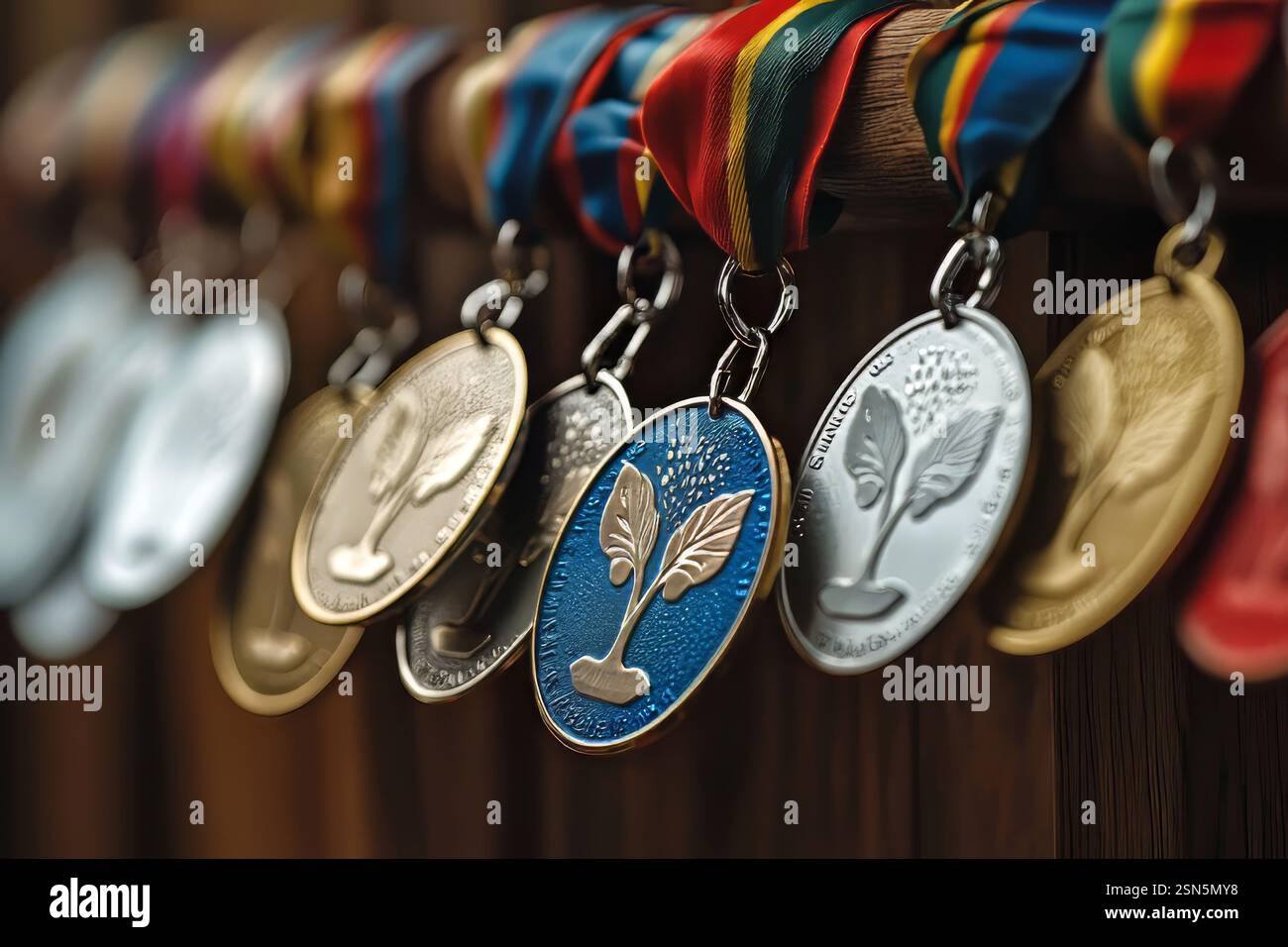 Medals with colorful ribbons hang neatly, representing various ...