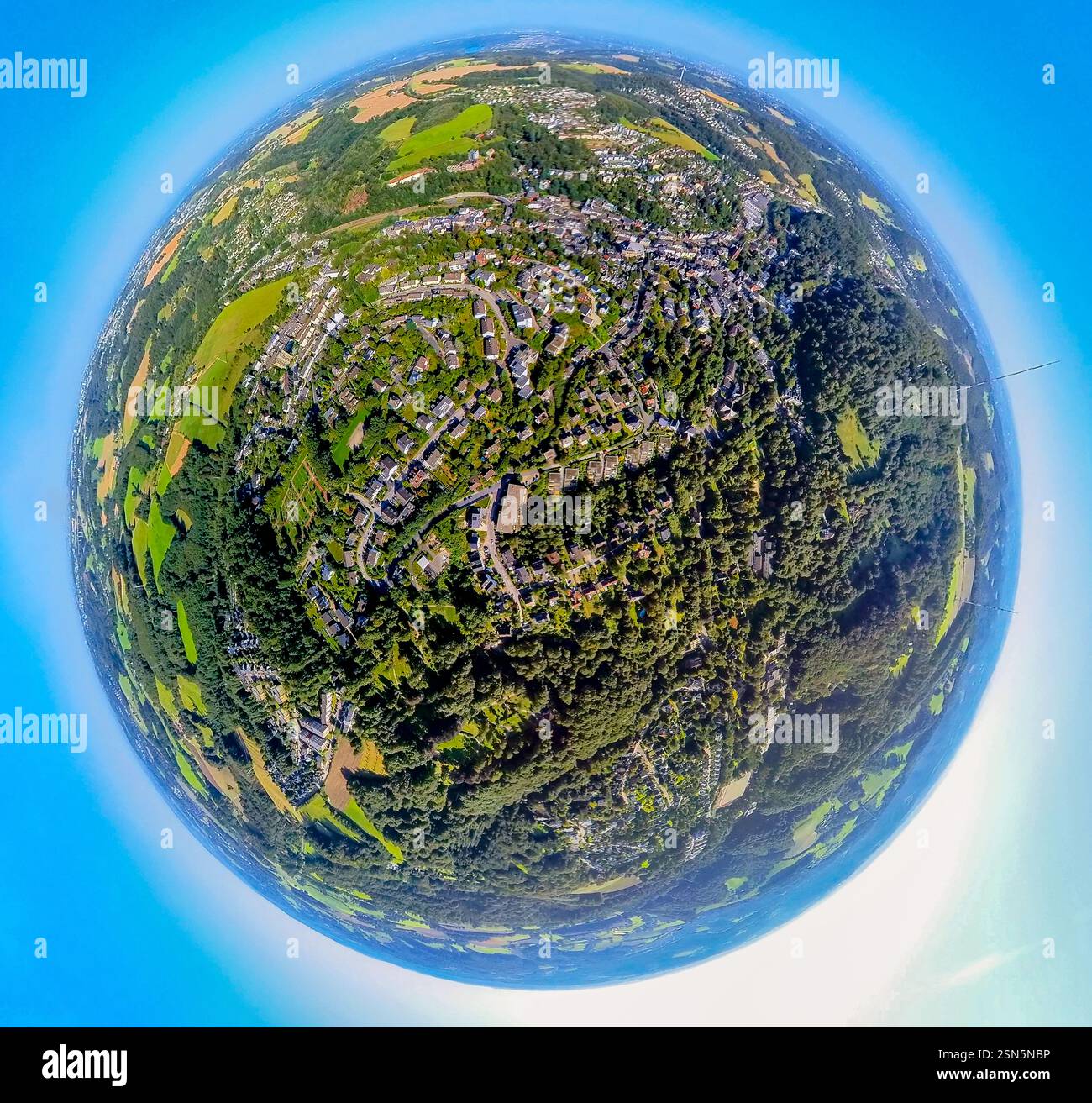 Aerial view, residential area, view of main street, forest area, earth globe, fisheye image, 360 ...
