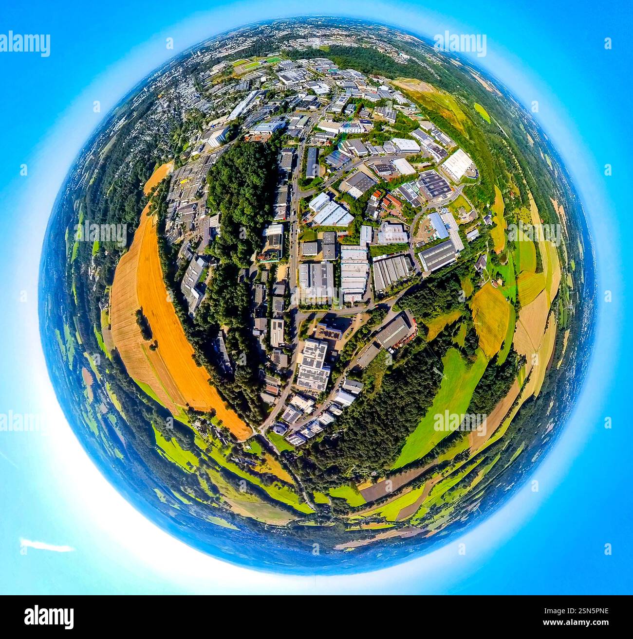 Aerial view, industrial area Röbbeck, earth globe, fisheye image, 360 ...