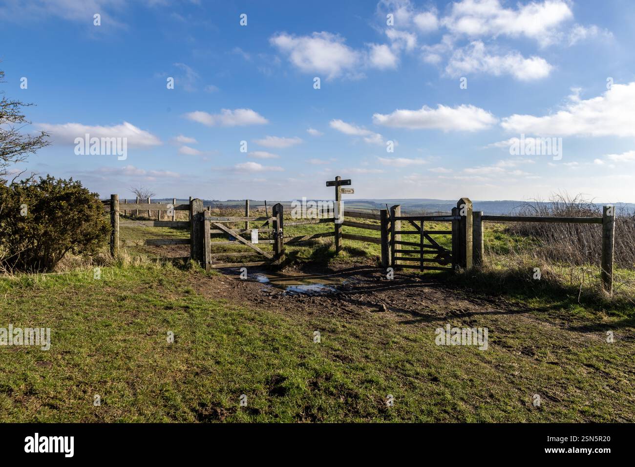 A muddy footpath along the South Downs Way in Sussex, with a blue sky ...