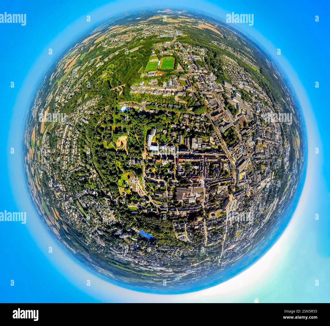 Aerial view, city view center with soccer stadium Von-Böttinger-Platz ...