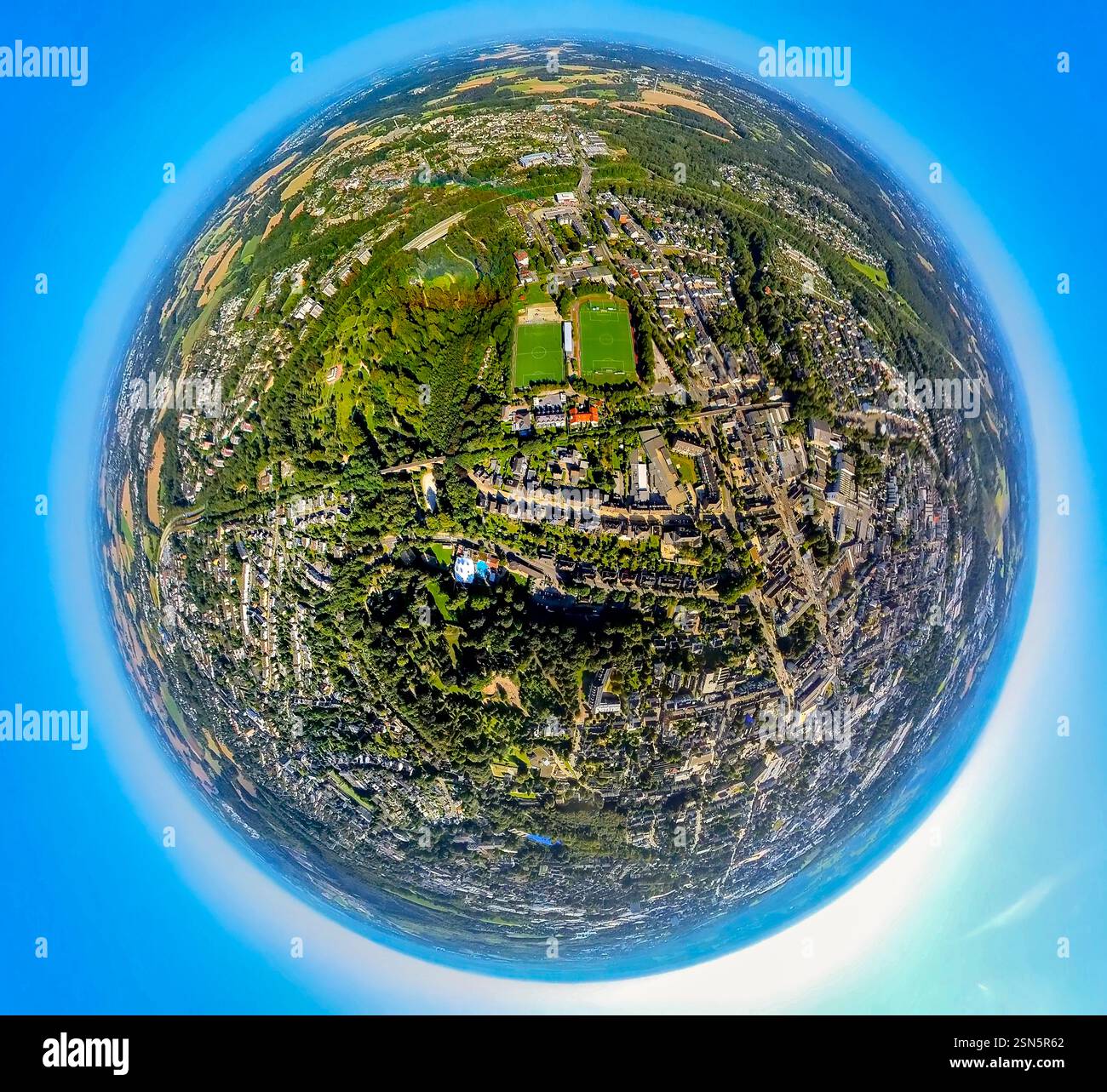 Aerial view, city view center with soccer stadium Von-Böttinger-Platz ...