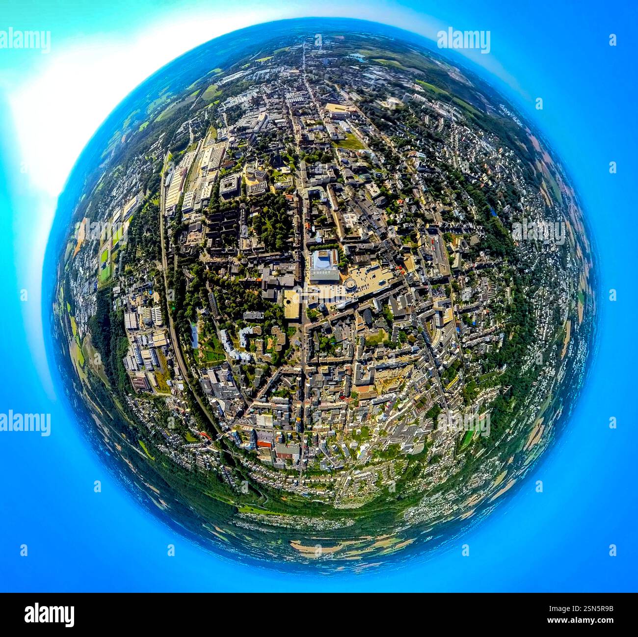 Aerial view, city center view, city gallery and forum, earth globe ...