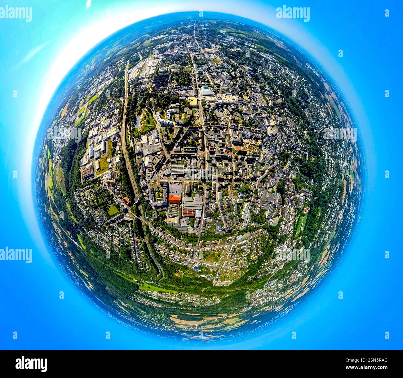 Aerial view, city center view, city gallery and forum, earth globe ...