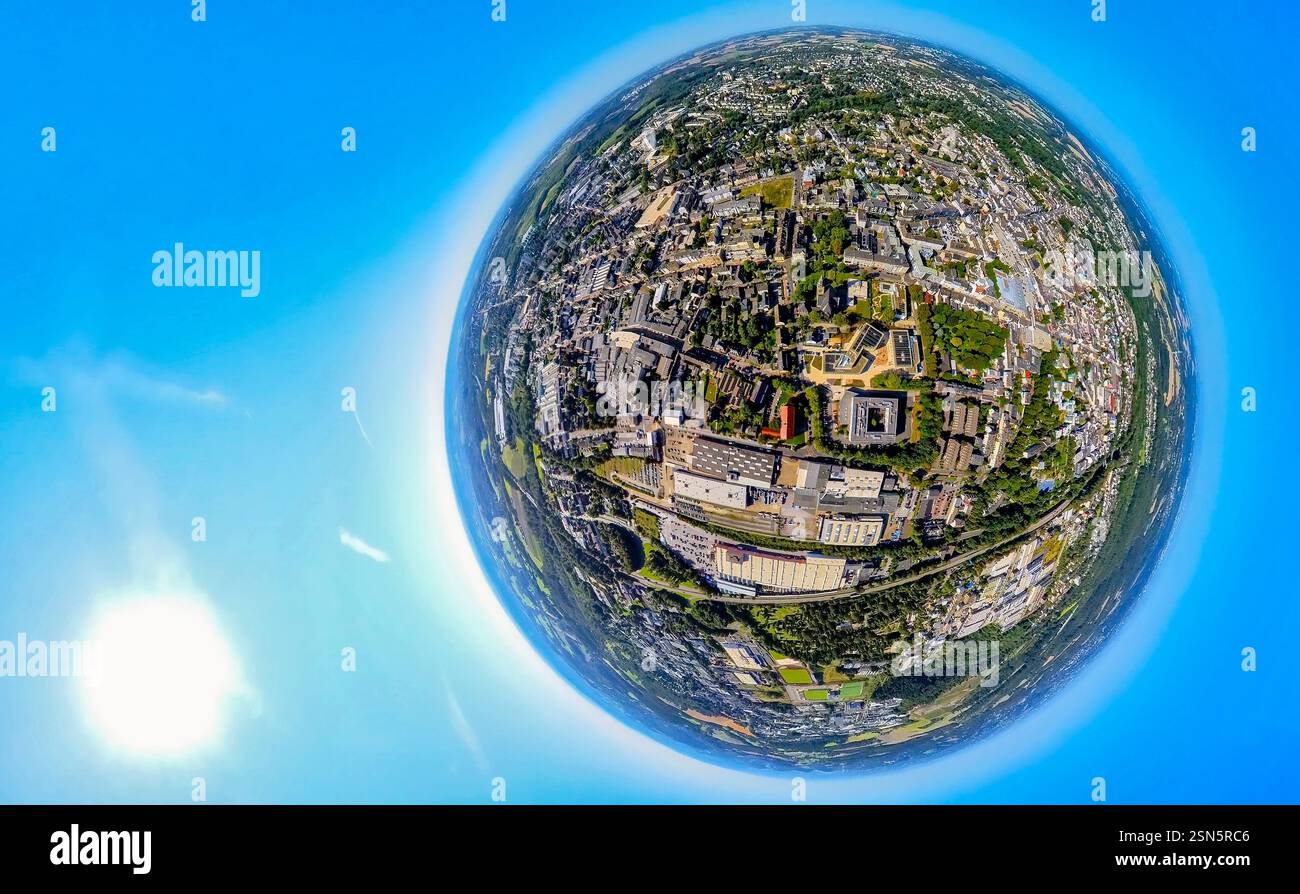 Aerial view, center city view, green street, earth globe, fisheye image ...