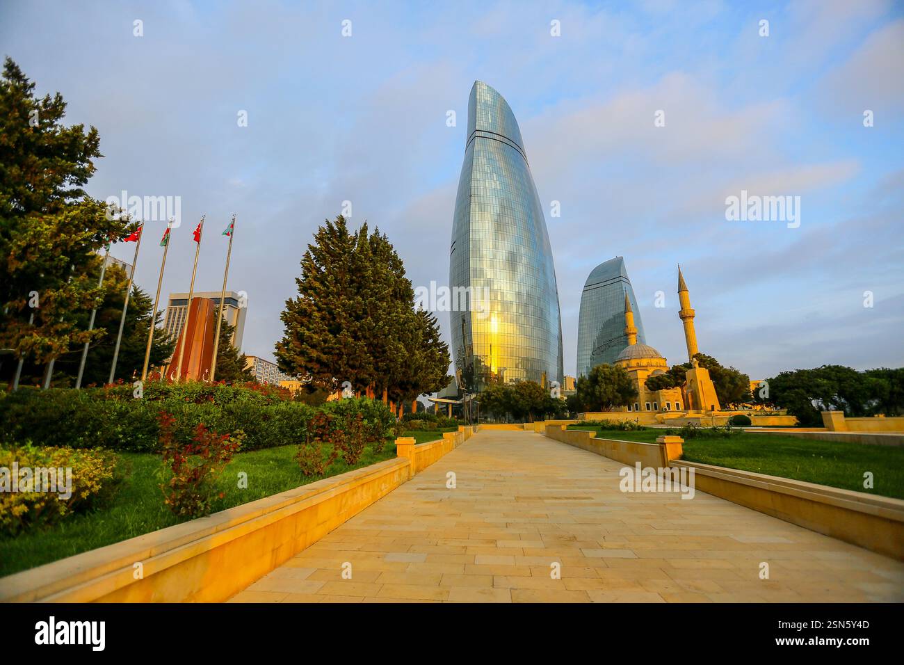 Flame Towers and Turkish Mosque are seen in Highland Park in Baku Stock ...