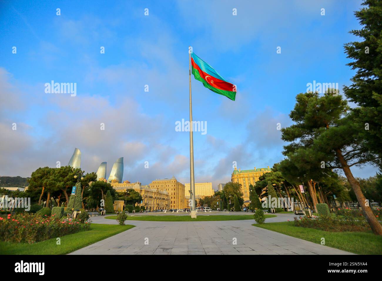 Azerbaijan flags and background seen Flame Towers Stock Photo - Alamy