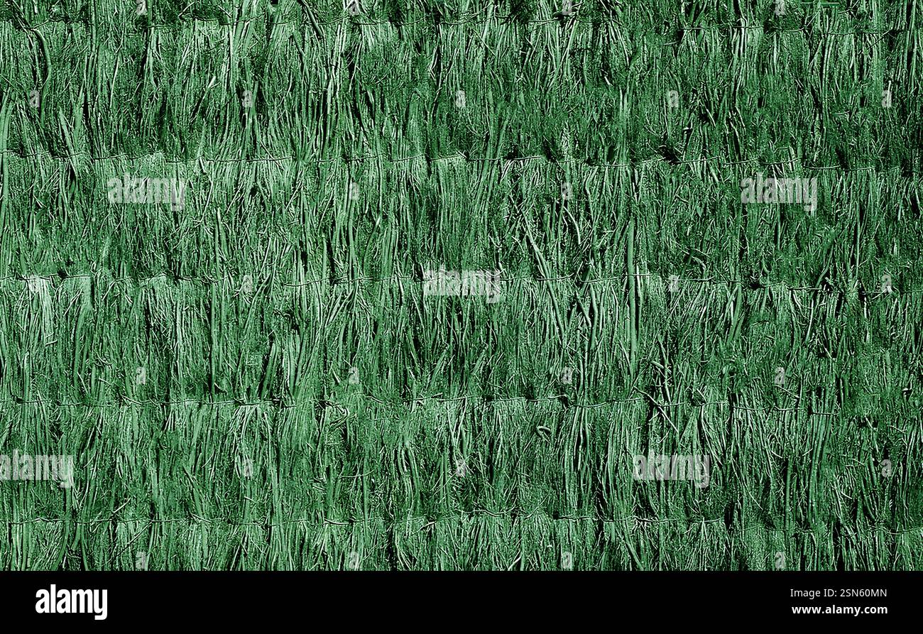 Bundles of green hay or straw are tied together, forming a repetitive ...