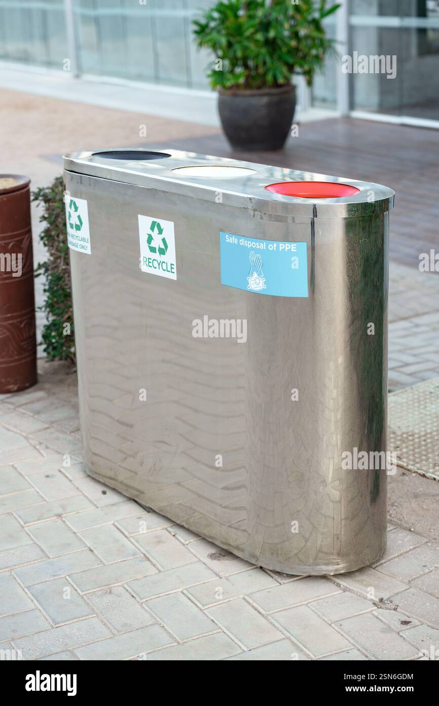 Recycling and Safe Disposal Station for PPE Located Outside a Modern ...