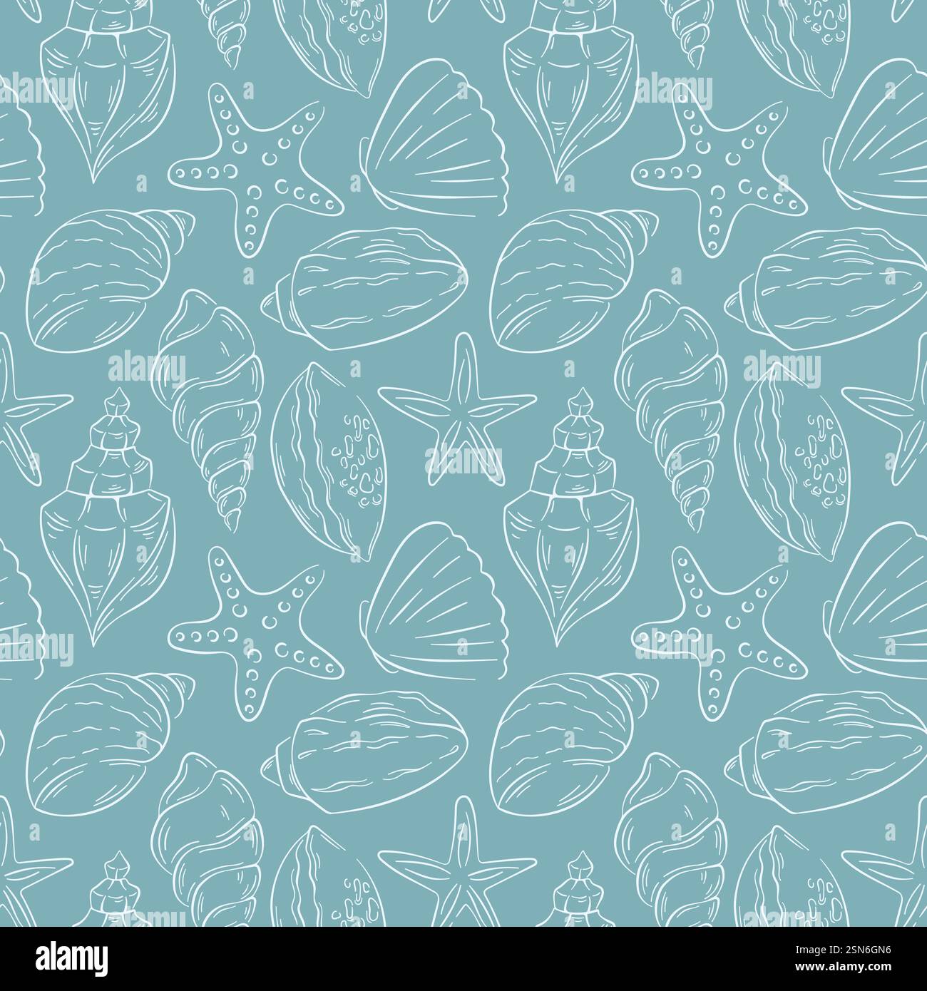 Seashell seamless pattern in line art style on turquoise background ...
