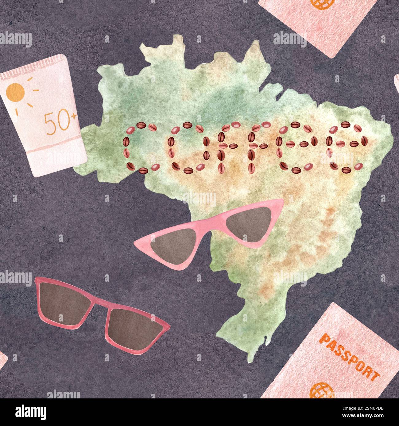 A map of Brazil with a word coffee written on it, sun glasses, sun ...
