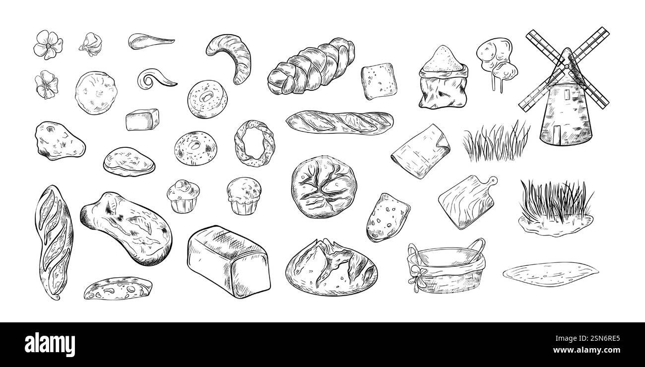 Assorted bread and baked goods hand drawn black white vector ...