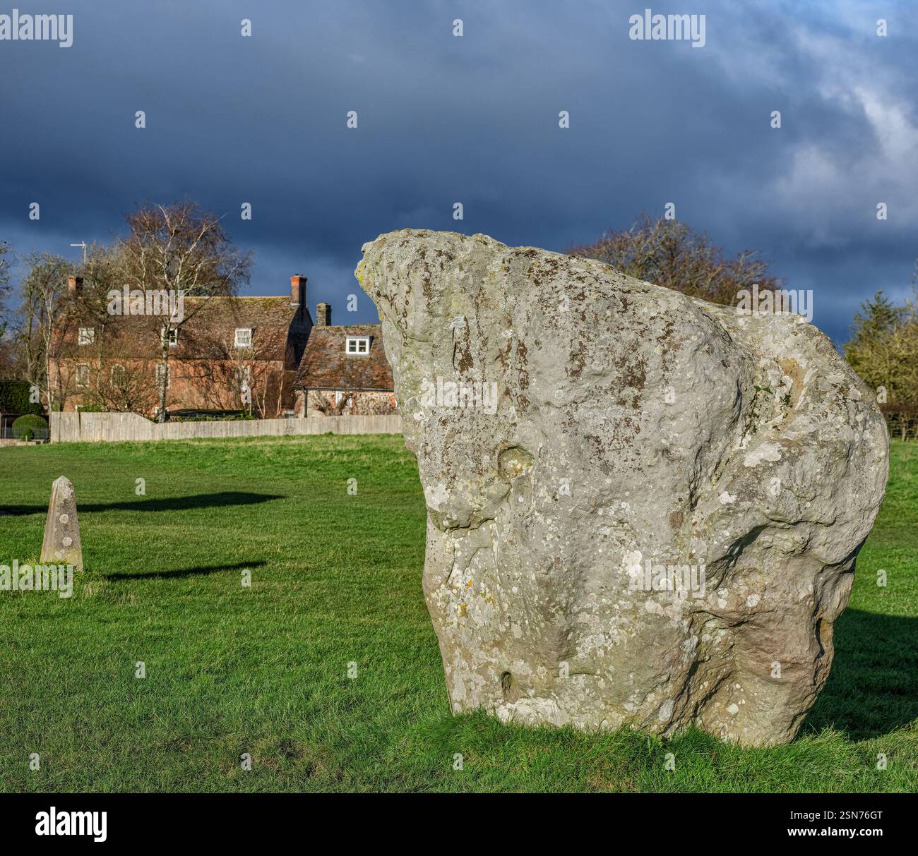 Sarsen standing stones of the outer ring of Avebury neolithic henge and ...