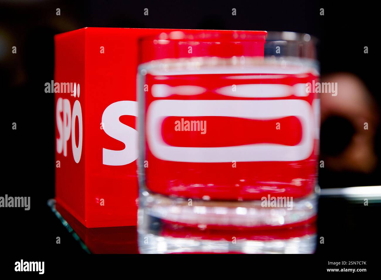 AUSTRIA; VIENNA; 20250213; Logo of the SPOe on a red cube is reflected ...