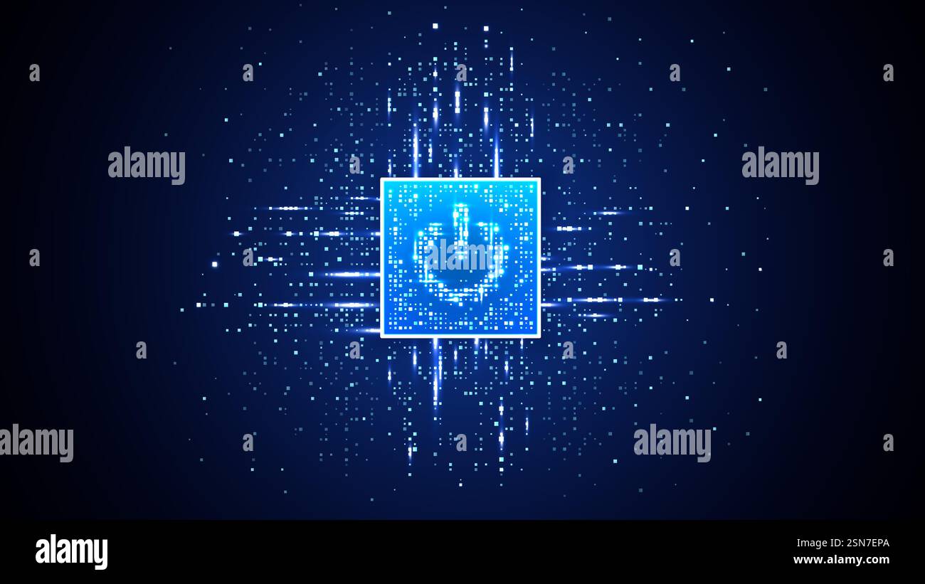 Light blue glowing ON power button on bright semiconductor. Data flow Stock Vector Image & Art ...