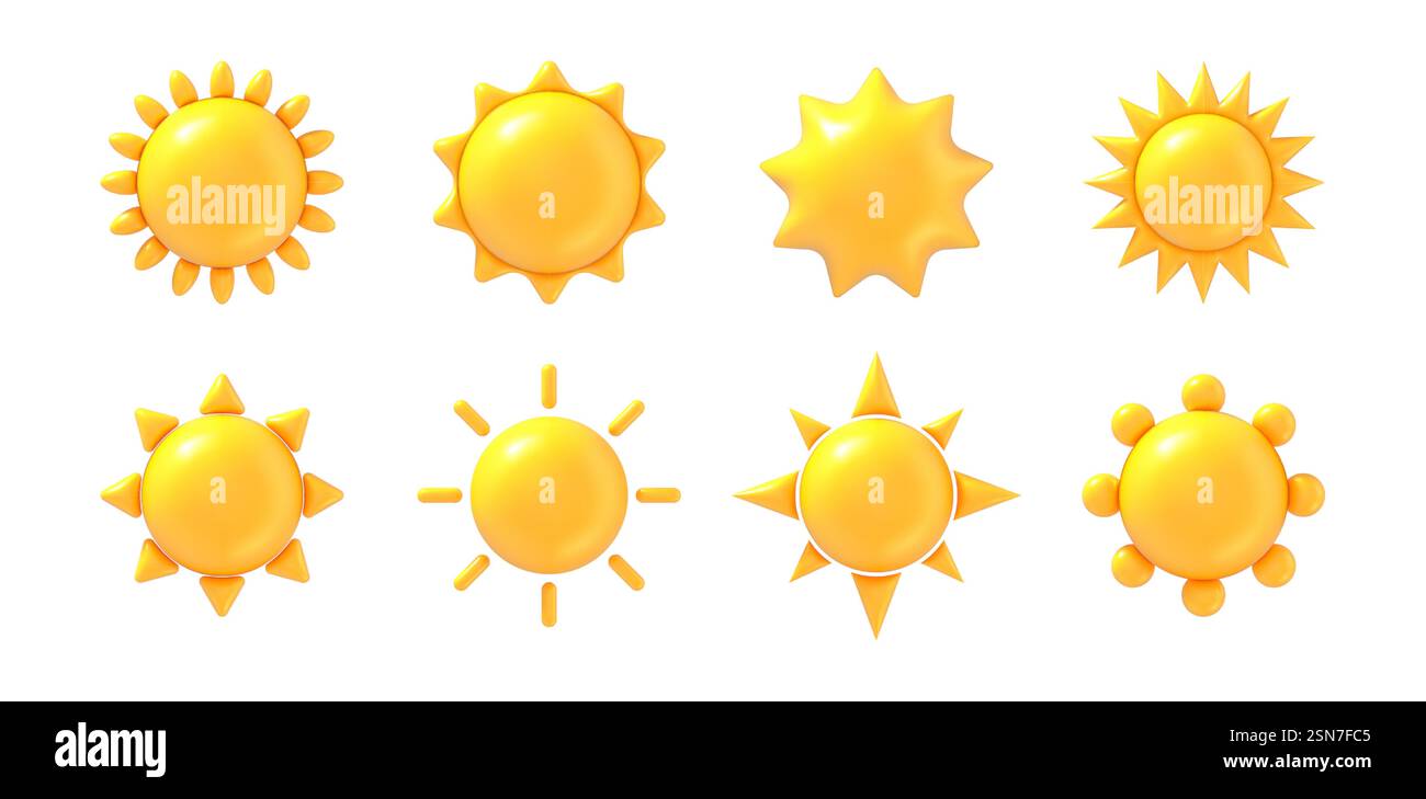 3d sun icons. Sunlight yellow symbol, solar orb with sunrays, sunny day ...