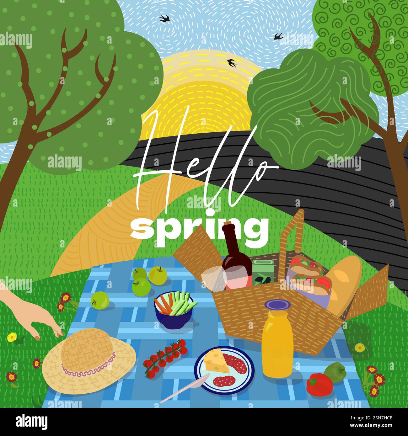 Spring picnic in park on modern drawing square vector banner. Blanket ...