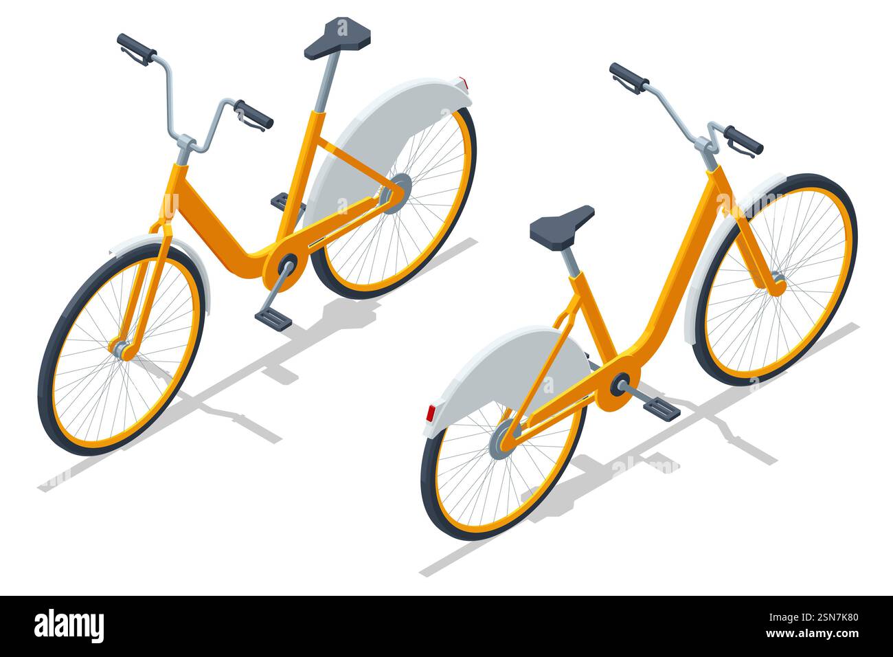 Isometric illustration of a yellow city bicycle viewed from two angles ...