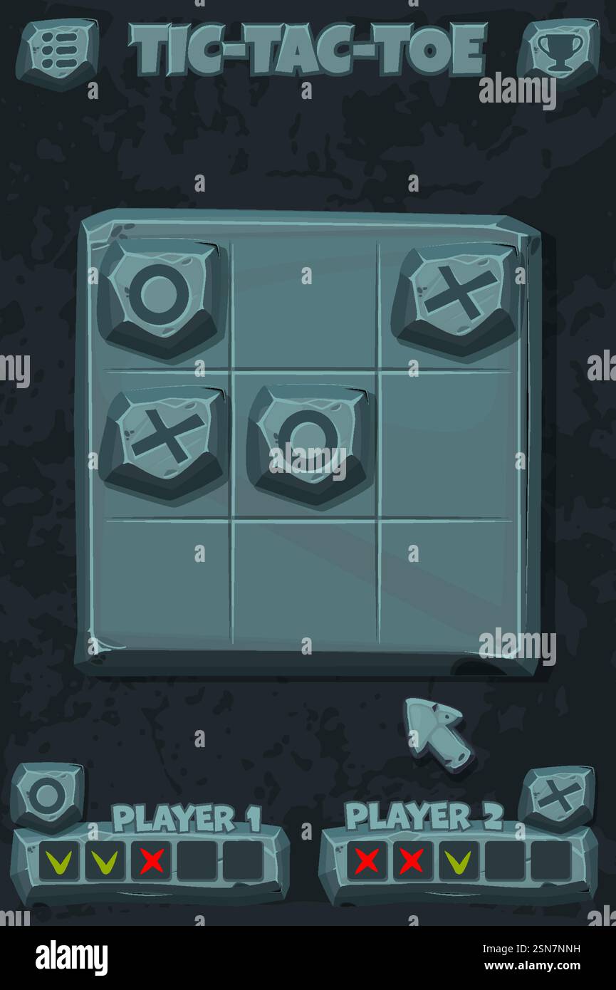 Tic-Tac-Toe stone style, UI game with cursor arrow. Vector cartoon strategy game noughts and ...