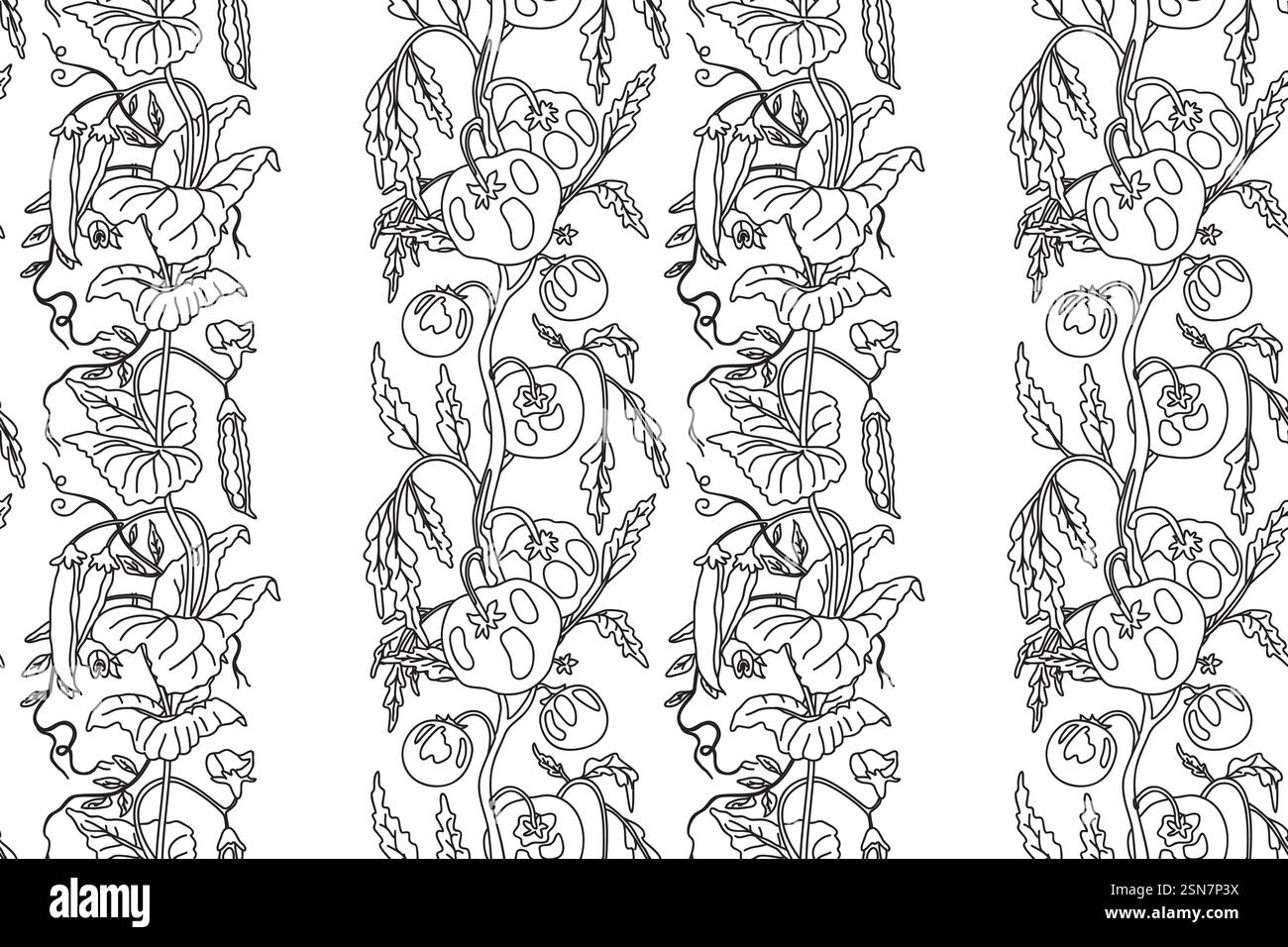 Line art abstract seamless pattern with growing tomatoes and peas ...